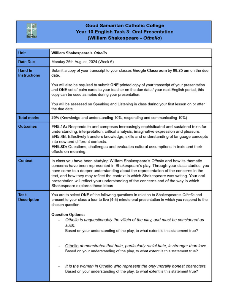 (Core) Yr 10 English Task 3 2024 - Othello | PDF