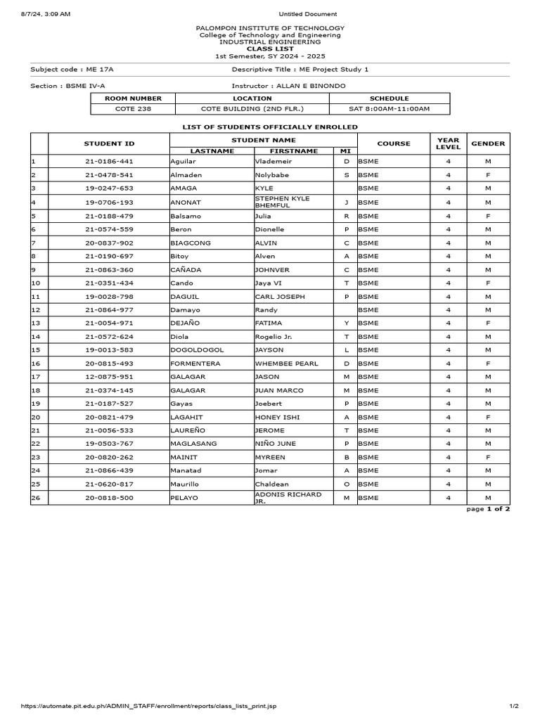ME Project Study 1 Class List | PDF