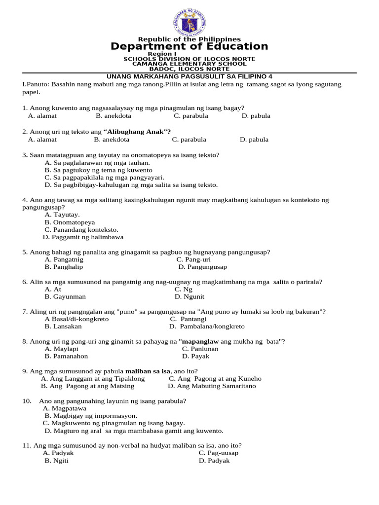 Matatag - Filipino PT Q1 | PDF