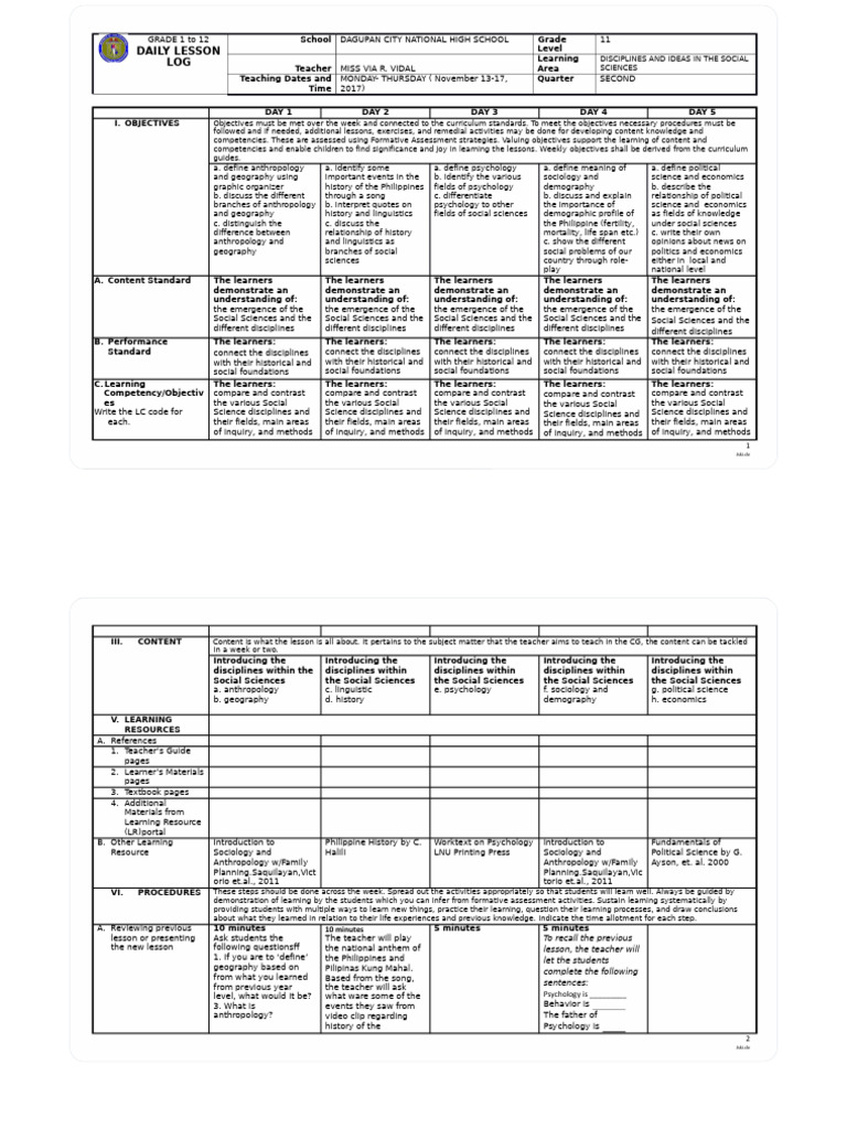 DLL Diss w1 Daily Lesson Log - Compress | PDF