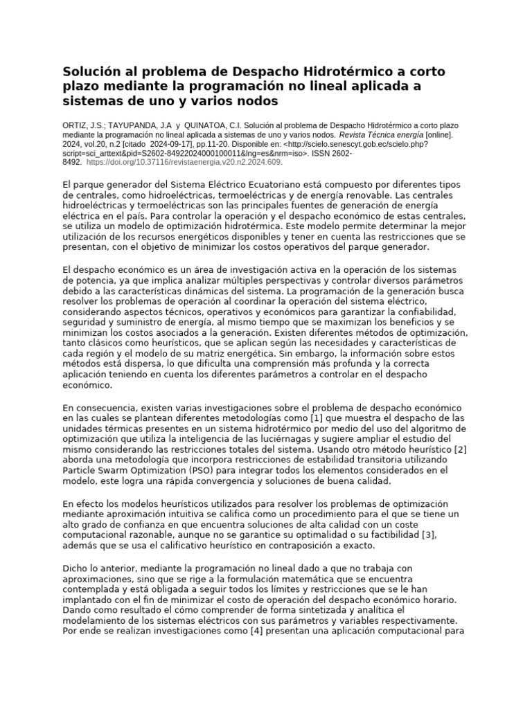 Solución al problema de Despacho Hidrotérmico a corto plazo mediante la ... Solución al problema de Despacho Hidrotérmico a corto plazo mediante la ...