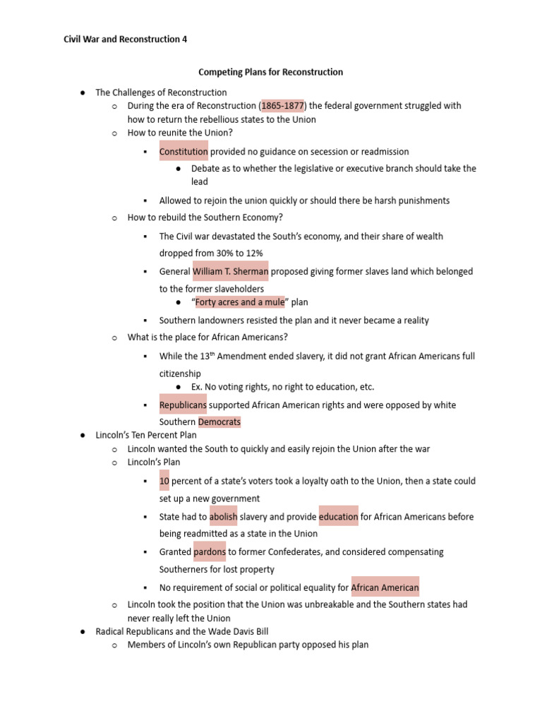 Competing Plans For Reconstruction Notes | PDF