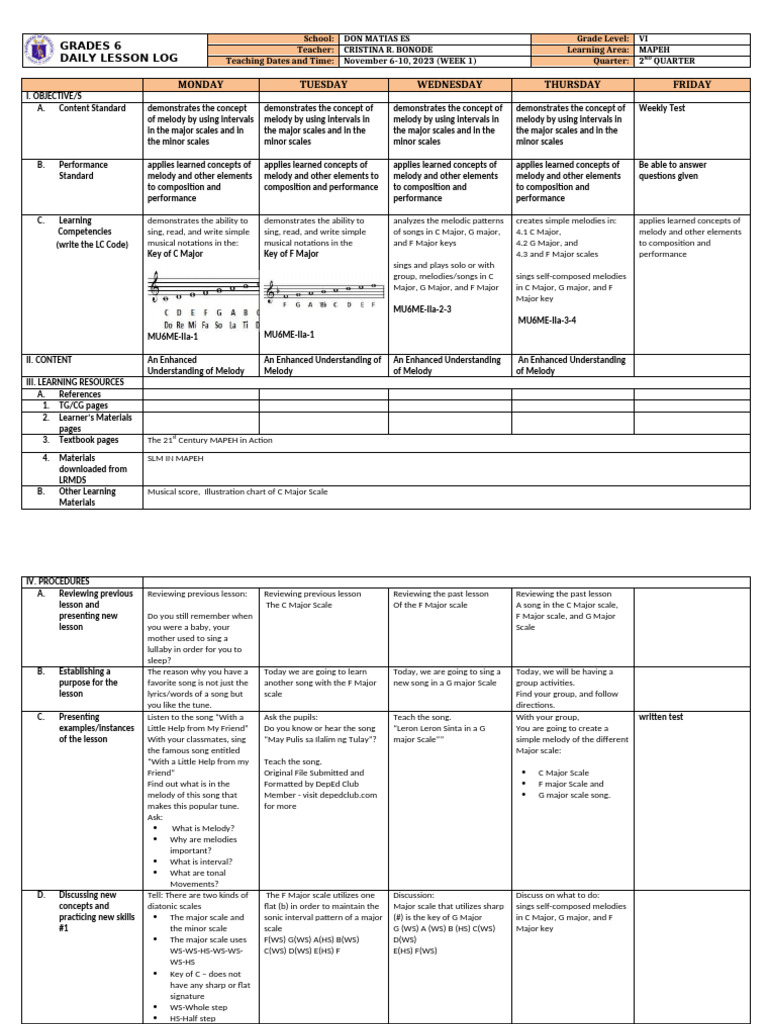 DLL - Mapeh 6 - Q2 - W1 | PDF