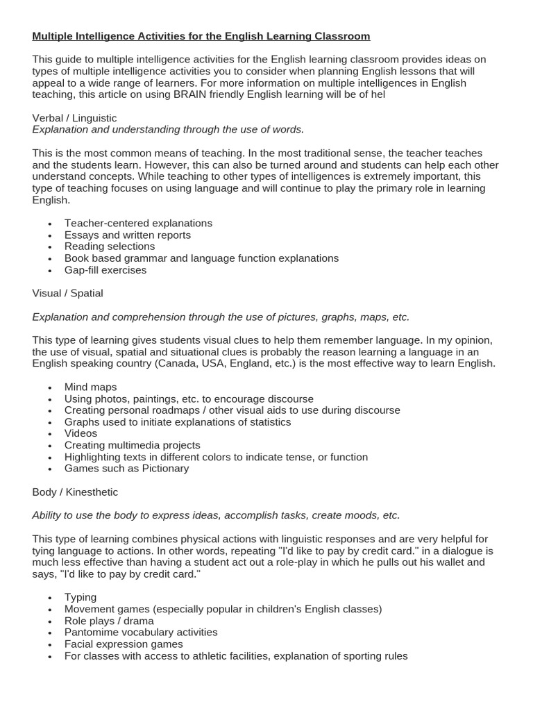 Multiple Intelligence Activities For The English Learning Classroom | PDF