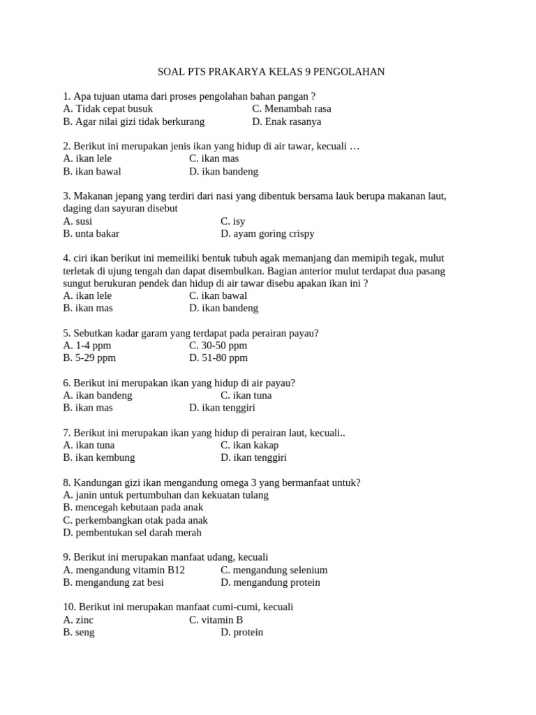 Latihan Soal Prakarya Kelas 9 Pengolahan | PDF