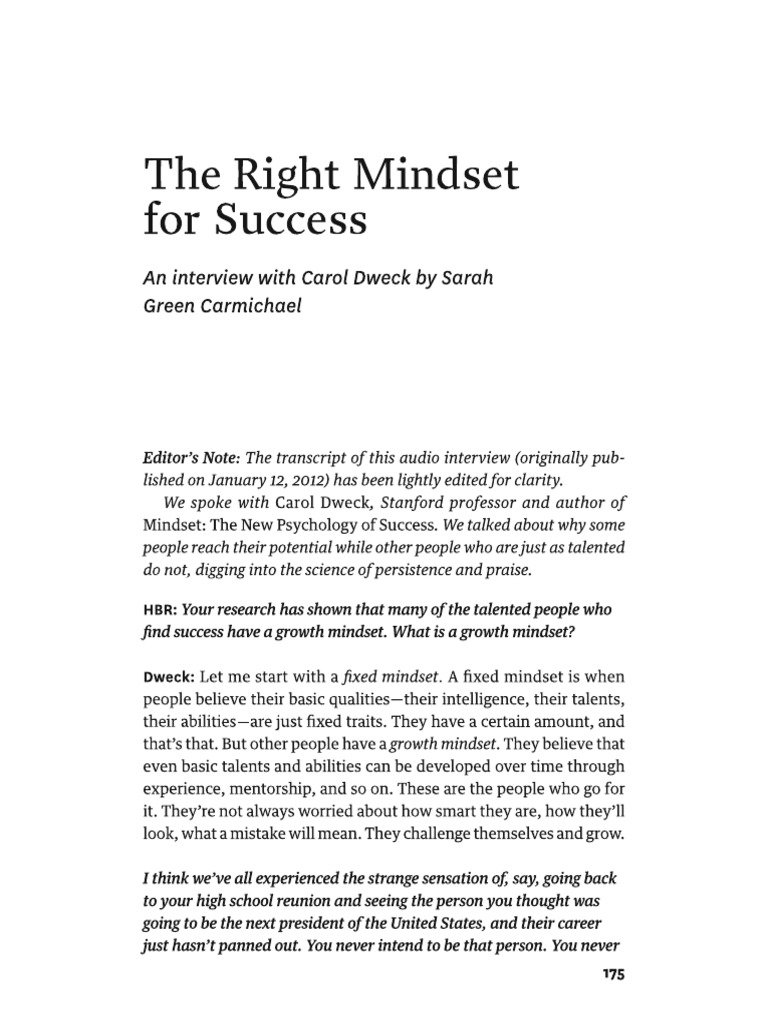 HBR - The Right Mindset For Success - Carol Dweck - Sarah Green | PDF