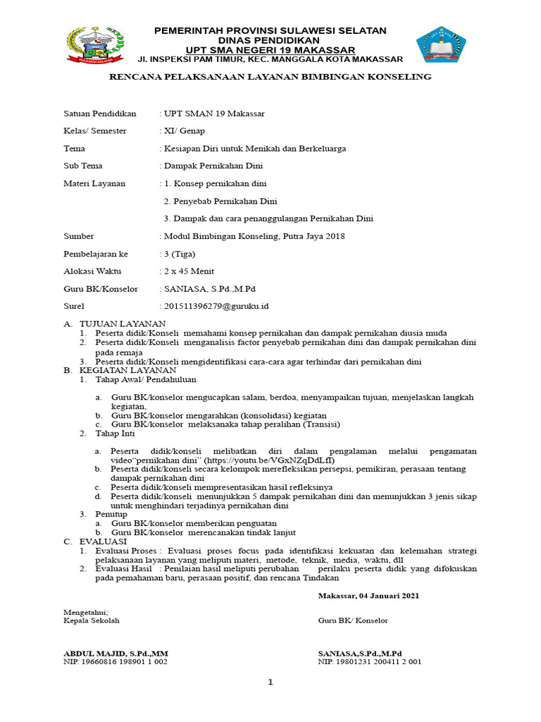 Contoh RPL - BK Pernikahan Dini - Mentah | PDF