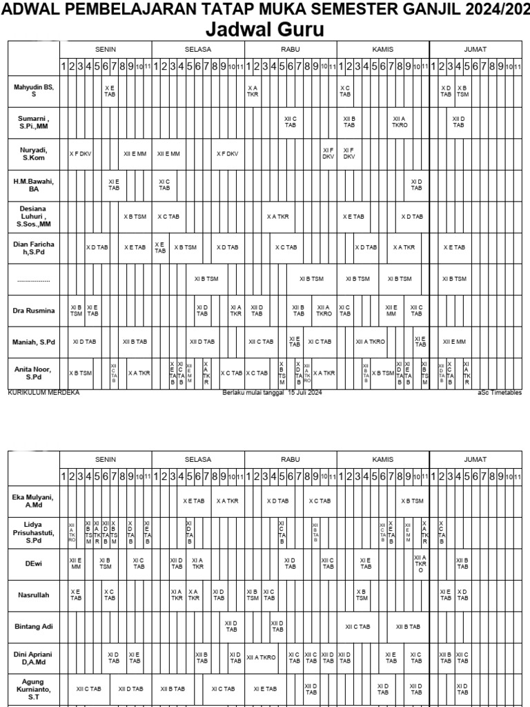 Jadwal Pelajaran Seluruh Guru SMS Ganjil 2024-2025 | PDF