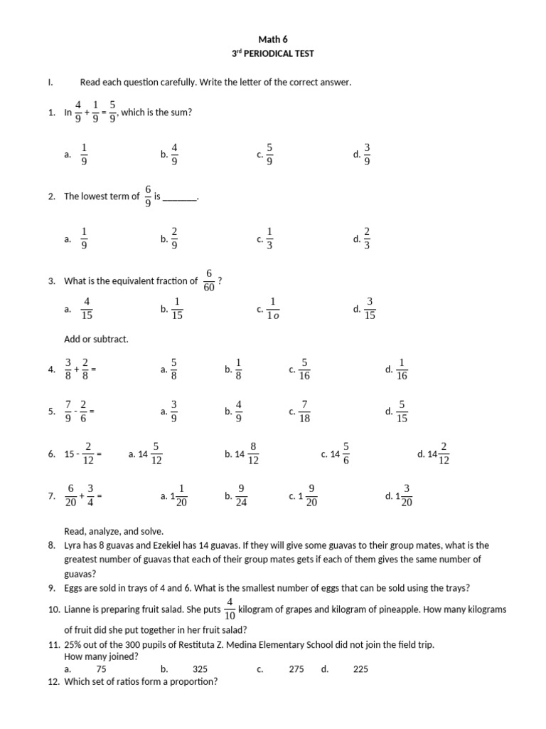 3rd Periodical Test Grade 6 | PDF | Mathematics