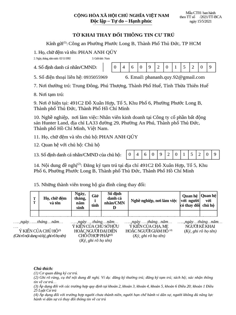 CT01 T Khai Thay Đ I Thông Tin Cư Trú - GIAYTO - 603 | PDF