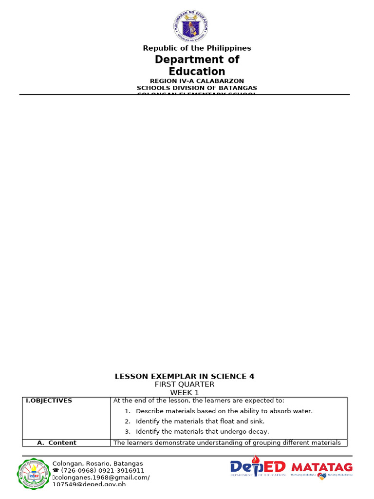 Lesson Exemplar in Science 4 | PDF
