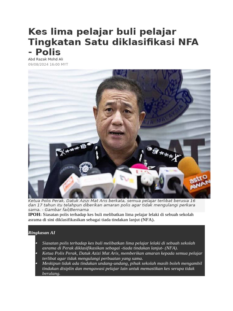 Keratan Akhbar Kes Buli 1 | PDF