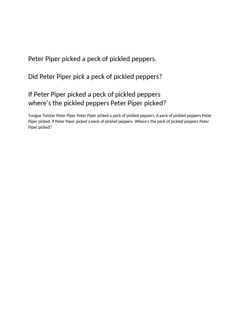 Tongue Twister Peter Piper Peter Piper Picked A Peck of Pickled Peppers ...