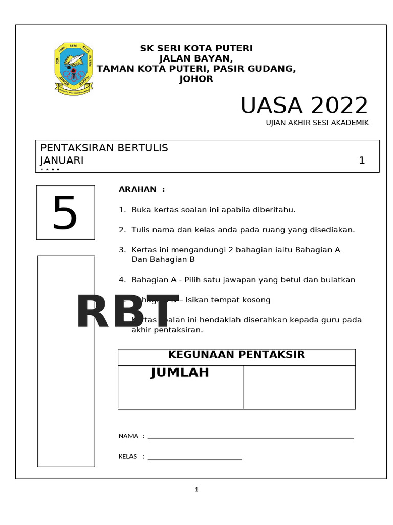 Ujian Uasa RBT Tahun 5 | PDF
