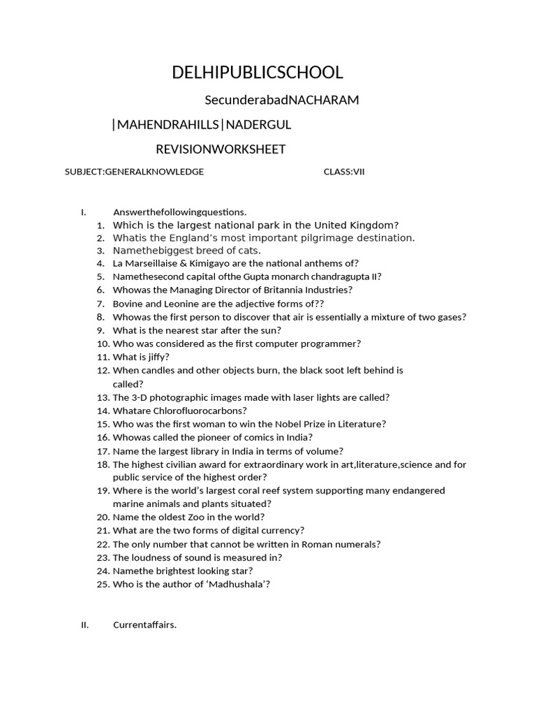 Class-7 - G.K Half Yearly Worksheet (Usha) 2024 | PDF