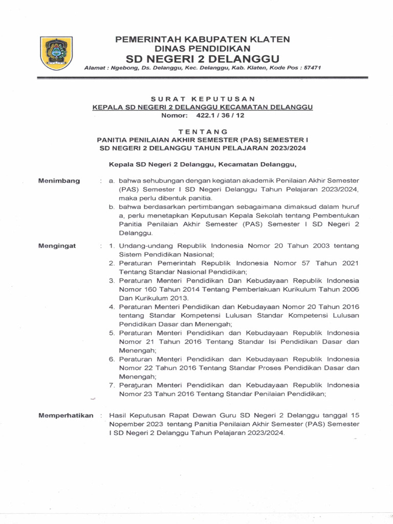 Scan SK Panitia PAS I Tahun 2023-2024 | PDF
