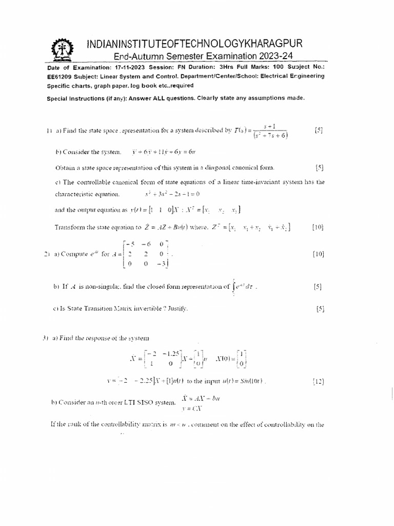 2023 End Autumn Electrical Engg EE61209 Linear System and Control EA ...