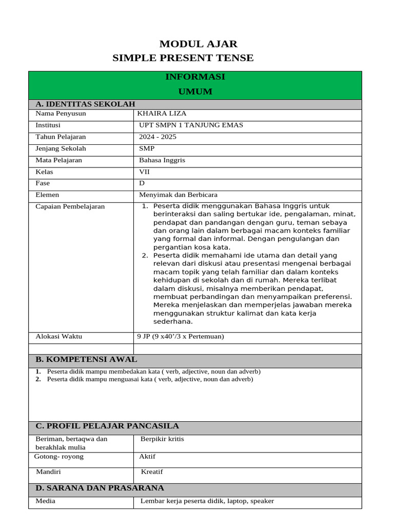 Modul Ajar Simple Present Tense Kelas 7 | PDF