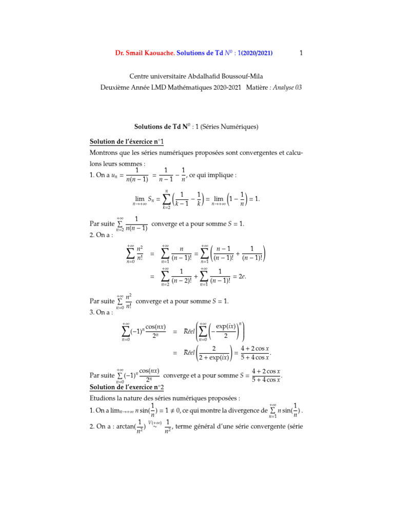 Solutions - TD1 - Séries N Tex Ver | PDF | Real Analysis | Complex Analysis