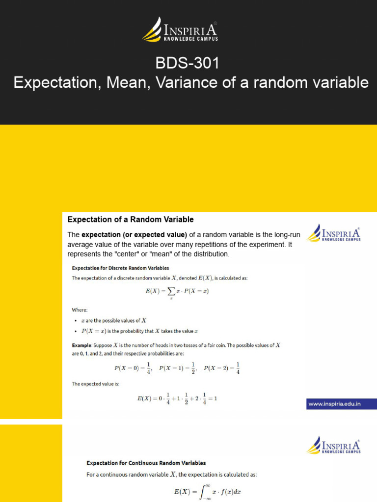 Expectation Mean Variance Of A Random Variable Pdf