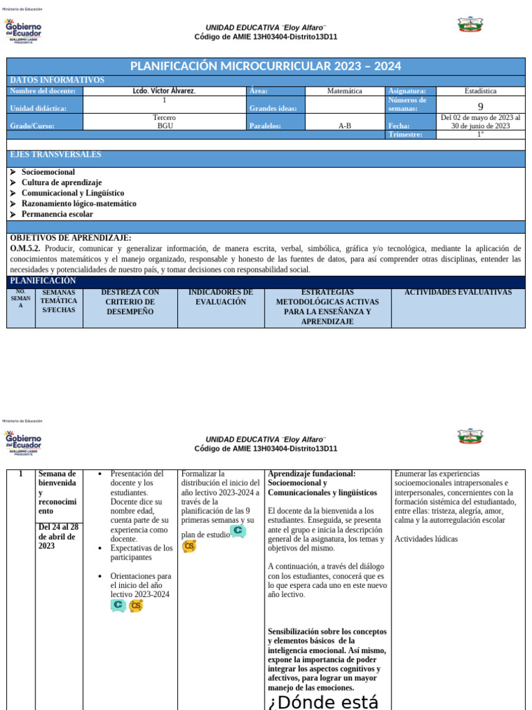 Plan. de Diag. ESTADÍSTICA 2023 3ERO ... | PDF