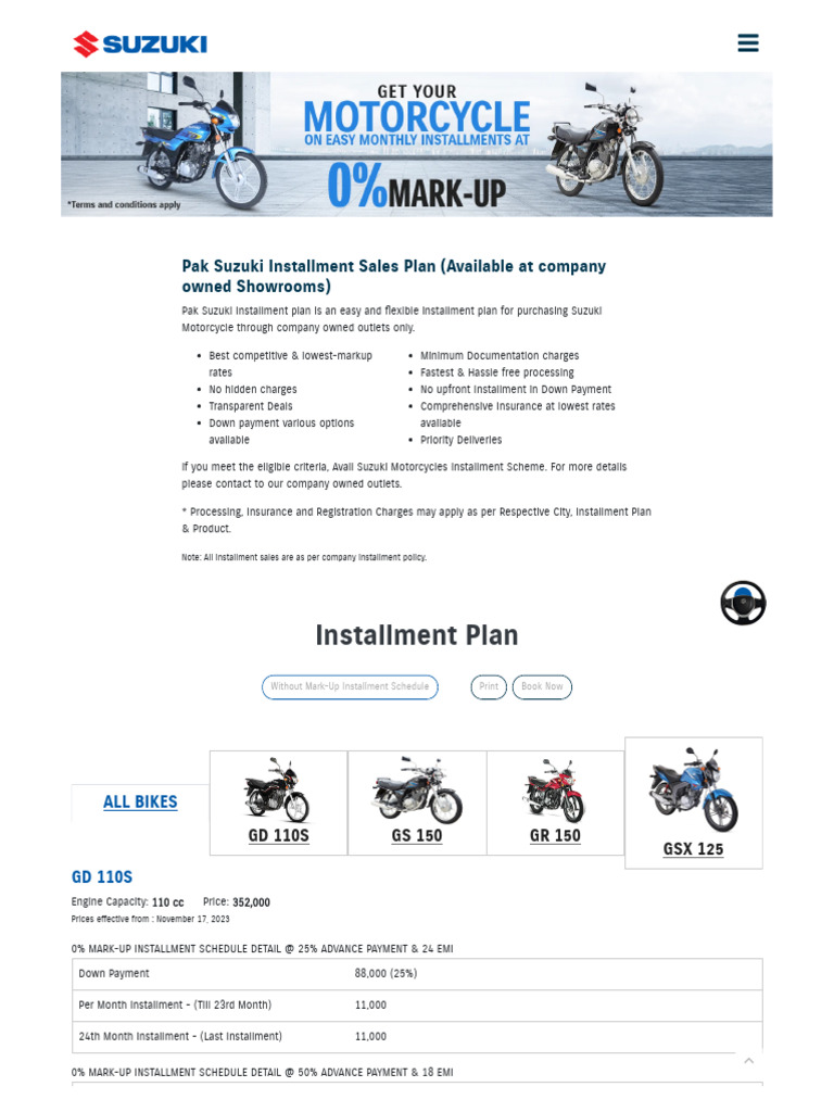 Installment Schedule Plan - Suzuki Pakistan | PDF