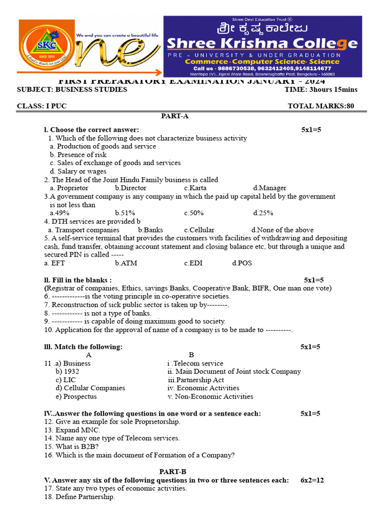 BS Preparatory - II PUC Revision Question Paper | PDF