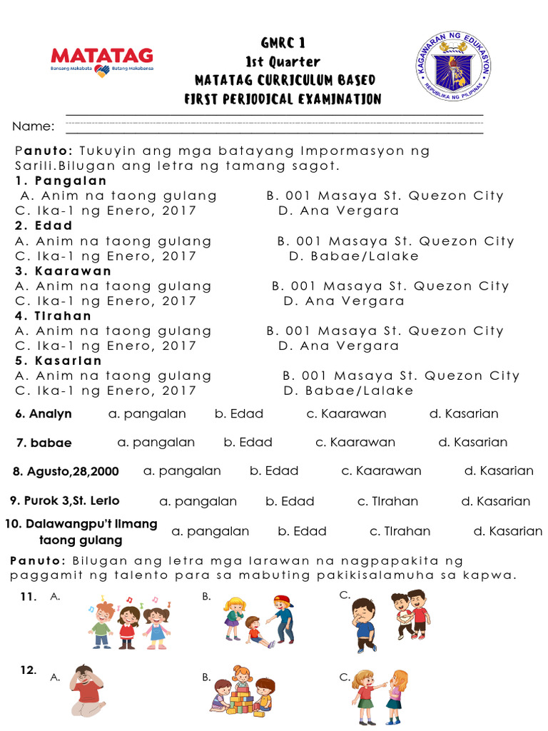 Q1 G1 Periodical Exam-GMRC | PDF