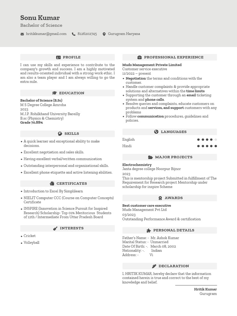 Sonu Kumar Resume 20240923 | PDF | Cognition