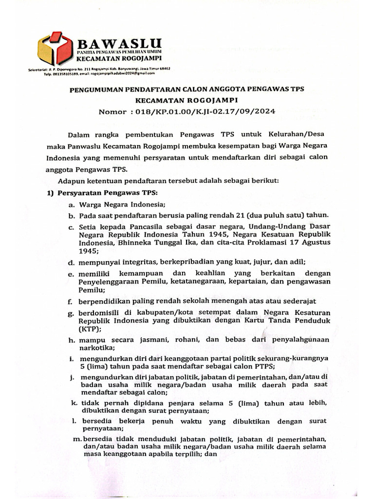 PENGUMUMAN PENDAFTARAN CALON ANGGOTA PENGAWAS TPS | PDF