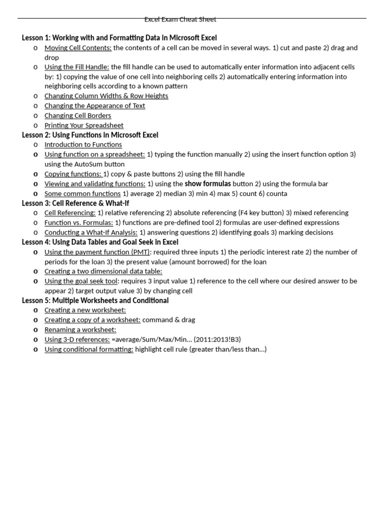 Excel Exam Cheat Sheet | PDF | Microsoft Excel | Spreadsheet