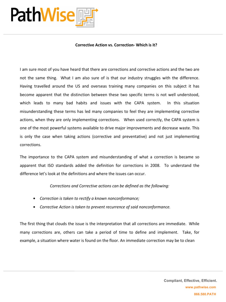 Corrective Action Vs Correction | PDF