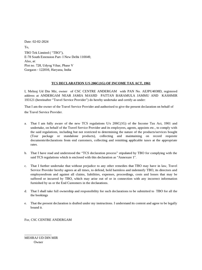 Onetime_Agent_Declaration_TCS | PDF