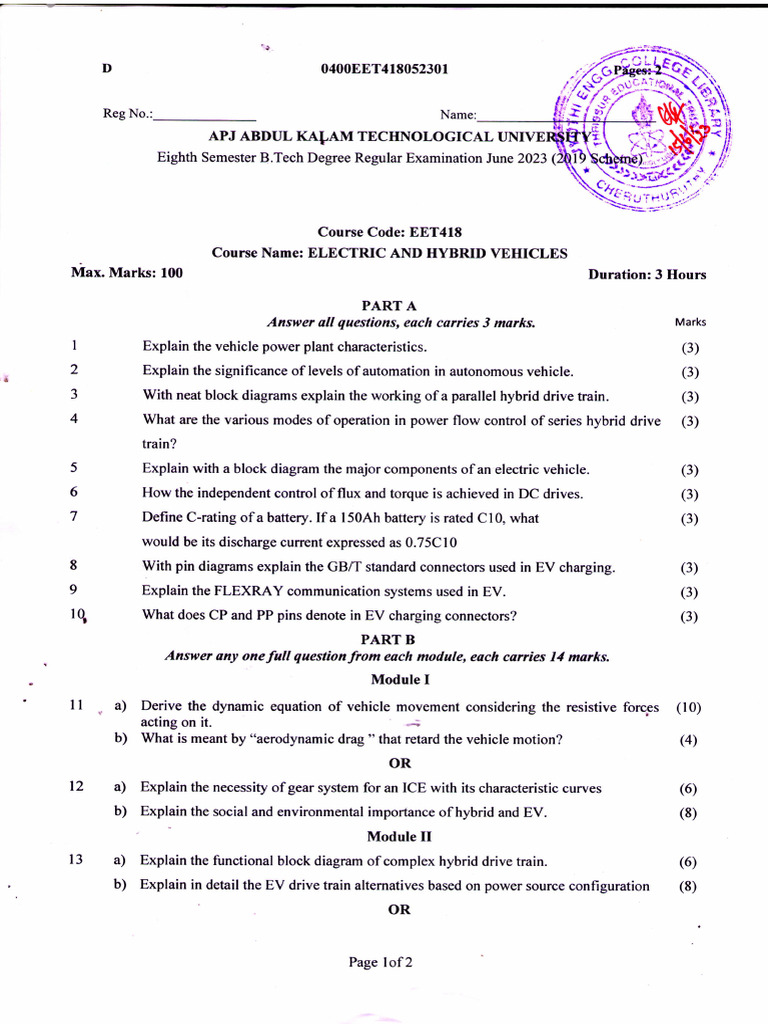 EET418 Electric and Hybrid Vehicles Exam | PDF | Electric Vehicle ...