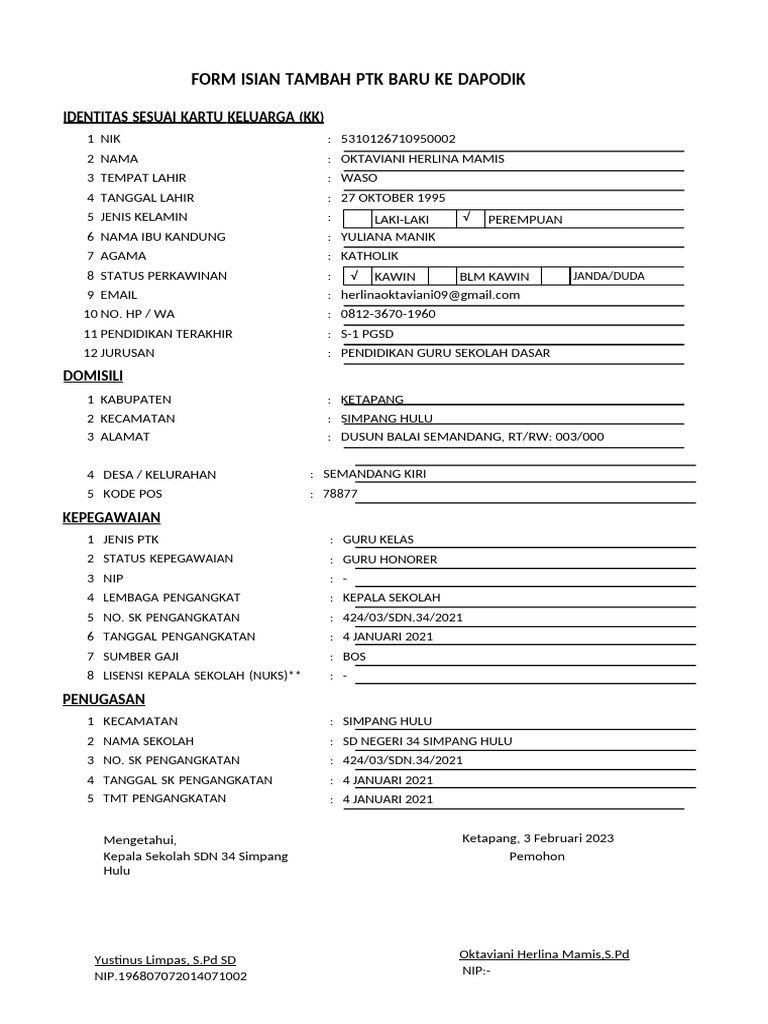 FORM ISIAN TAMBAH PTK BARU Fix | PDF