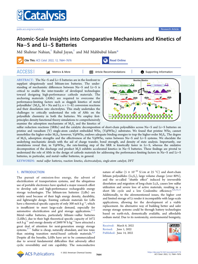 Nahian Et Al 2022 Atomic Scale Insights Into Comparative Mechanisms and Kinetics of Na S and Li ...