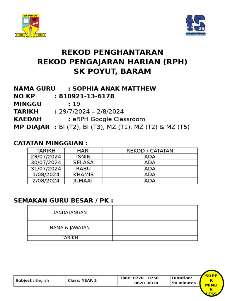 Rekod Penghantaran Rekod Pengajaran Harian (RPH) SK Poyut, Baram | PDF