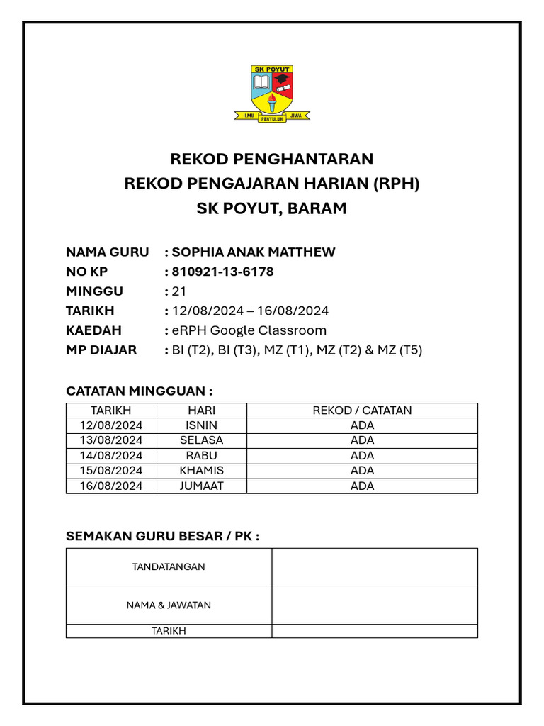 Rekod Penghantaran Rekod Pengajaran Harian (RPH) SK Poyut, Baram | PDF