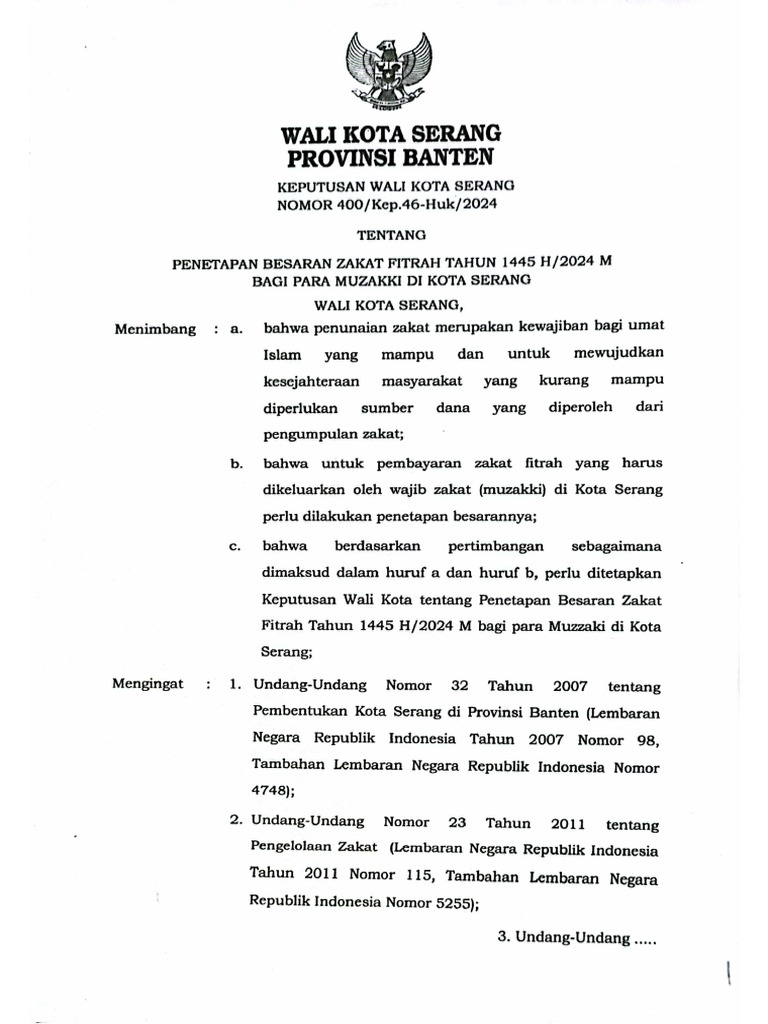 Kepwal Penetapan Besaran Zakat Fitrah 1445 H2024 M | PDF