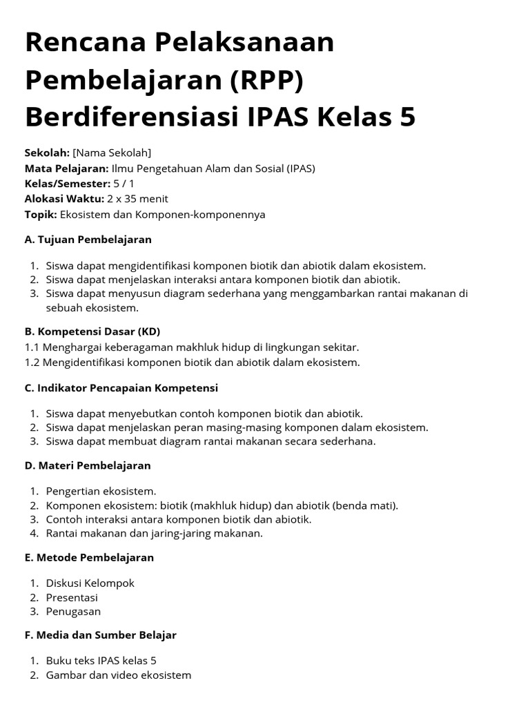 Rencana Pelaksanaan Pembelajaran (RPP) Berdiferensiasi IPAS Kelas 5 | PDF