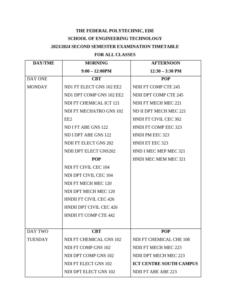 Timetable For Set 2023-2024 Second Semester Examination-1 | PDF