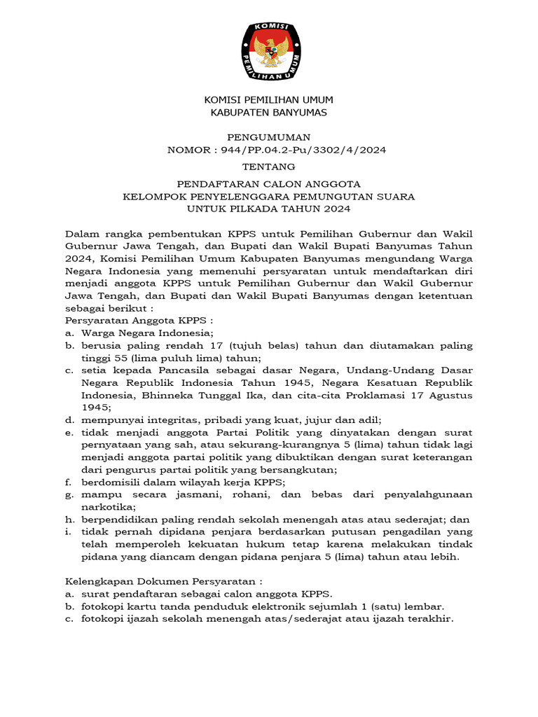 Pengumuman Pendaftaran KPPS Pilkada 2024 | PDF