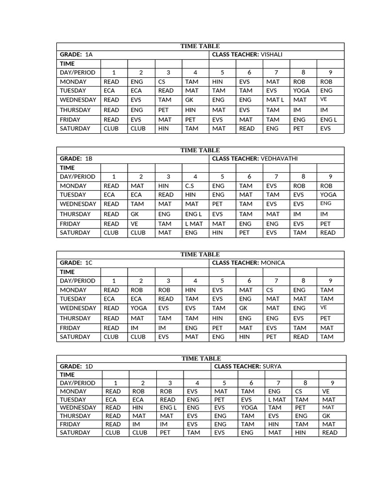 New Class Time Table Aug | PDF