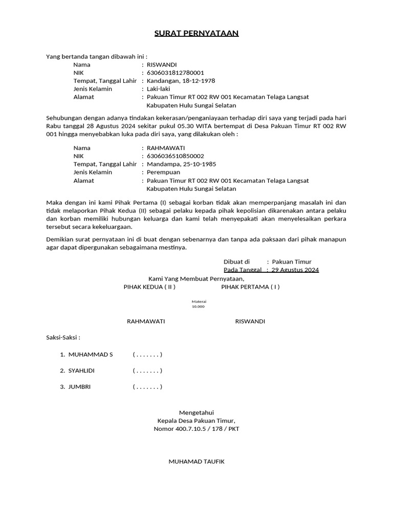 Surat Pernyataan Ke Polisi An. Riswandi | PDF