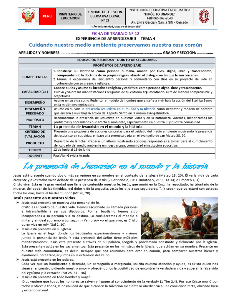 Ficha #12.5to - Eda 3.tema 4.HU.2023 (La Presencia Jesucristo en El Mundo y La Historia) | PDF