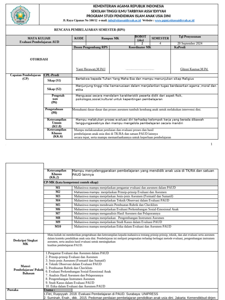 RPS Evaluasi Pembelajaran AUD | PDF
