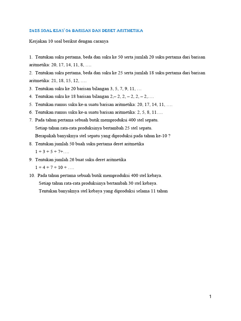 2425 Soal Esay 04 Rev Barisan Dan Deret Aritmetika | PDF