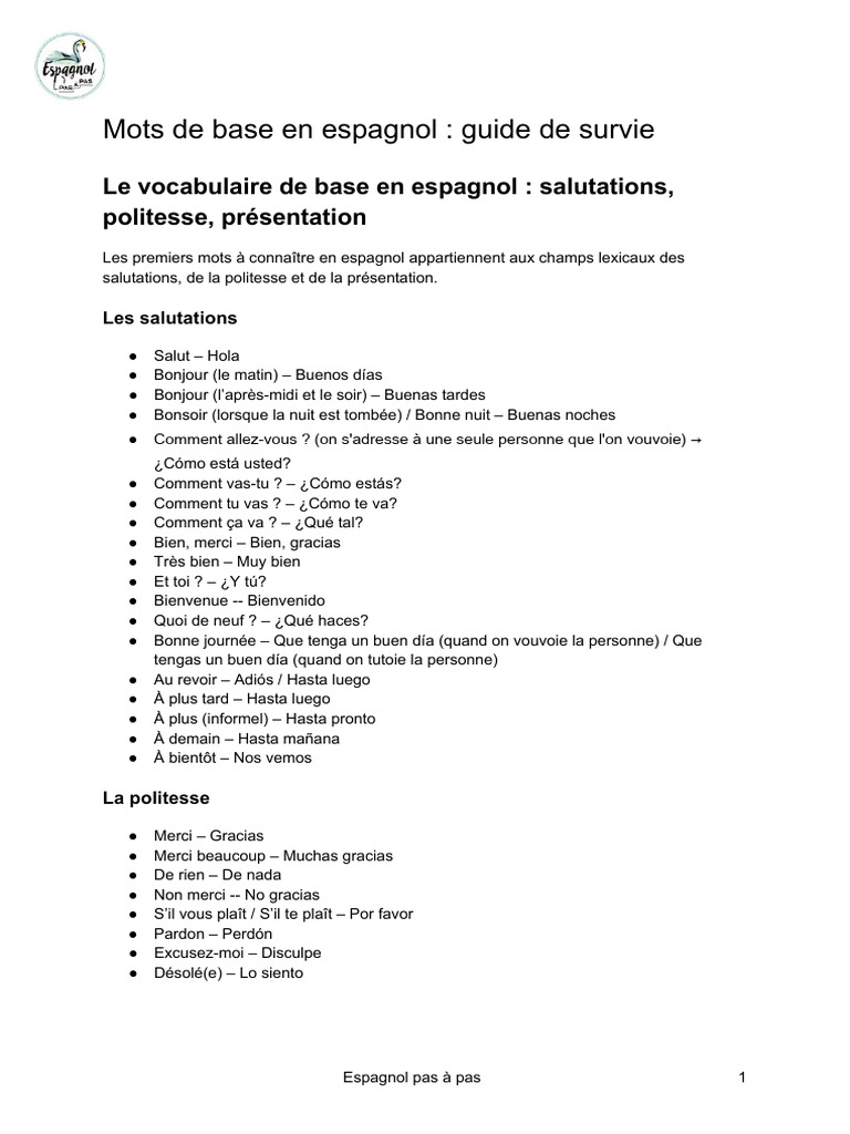 Mots de Base en Espagnol Pas A Pas | PDF