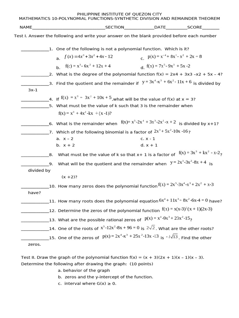 Quiz On Polynomial Functions | PDF