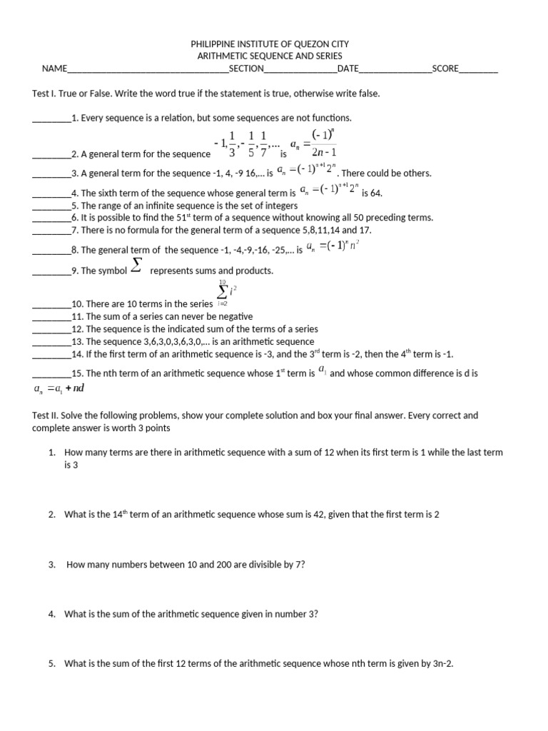 Arithmetic Sequences Quiz | PDF